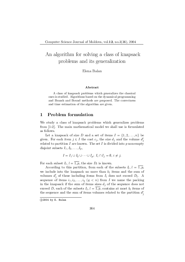 Pdf An Algorithm For Solving A Class Of Knapsack Problems And Its Generalization