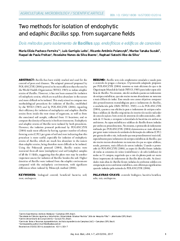 (PDF) Two methods for isolation of endophytic and edaphic Bacillus spp ...
