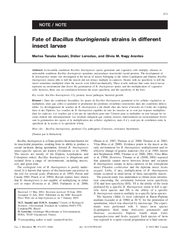 (PDF) Fate of Bacillus thuringiensis strains in different insect larvae