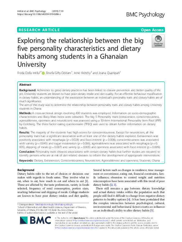(PDF) Exploring the relationship between the big five personality characteristics and dietary ...