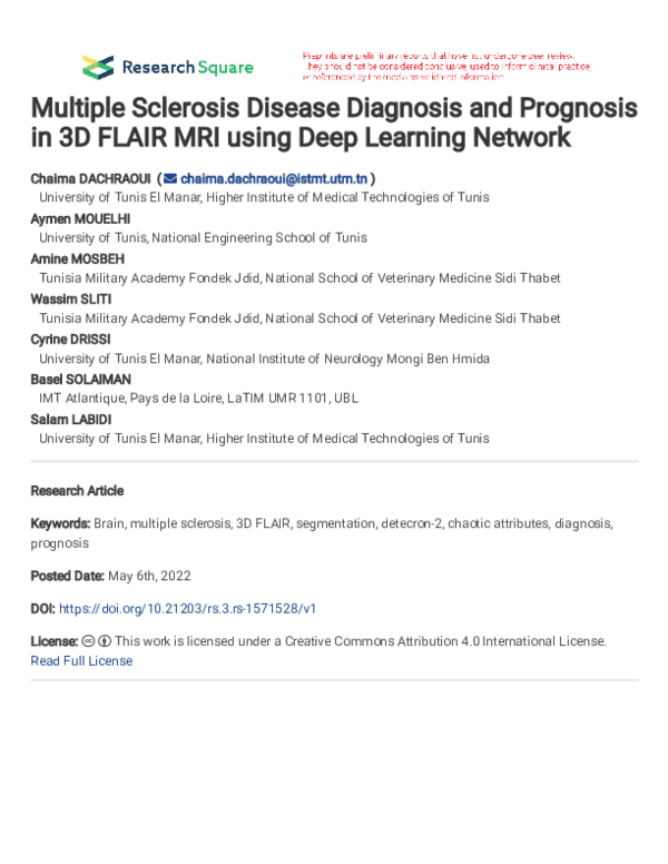 (PDF) Multiple Sclerosis Disease Diagnosis and Prognosis in 3D FLAIR MRI Using Deep Learning ...