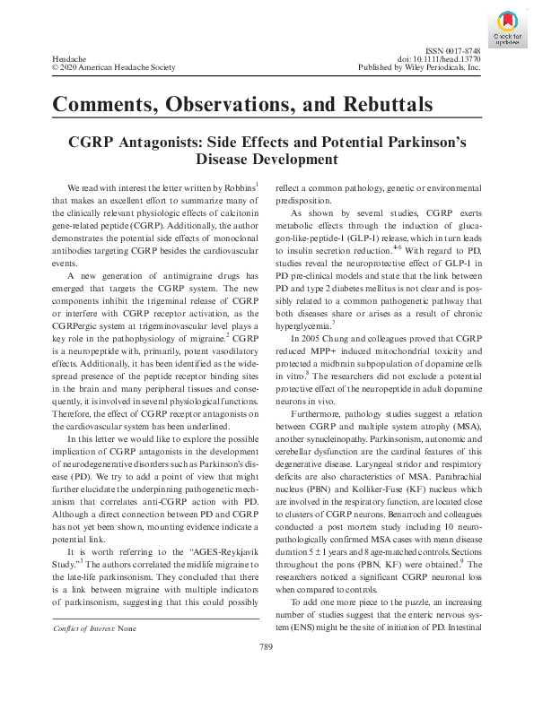 (PDF) CGRP Antagonists: Side Effects and Potential Parkinson’s Disease ...