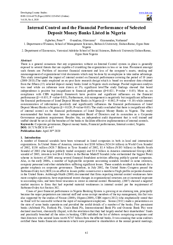 (PDF) Internal Control and the Financial Performance of Selected Deposit Money Banks Listed in ...