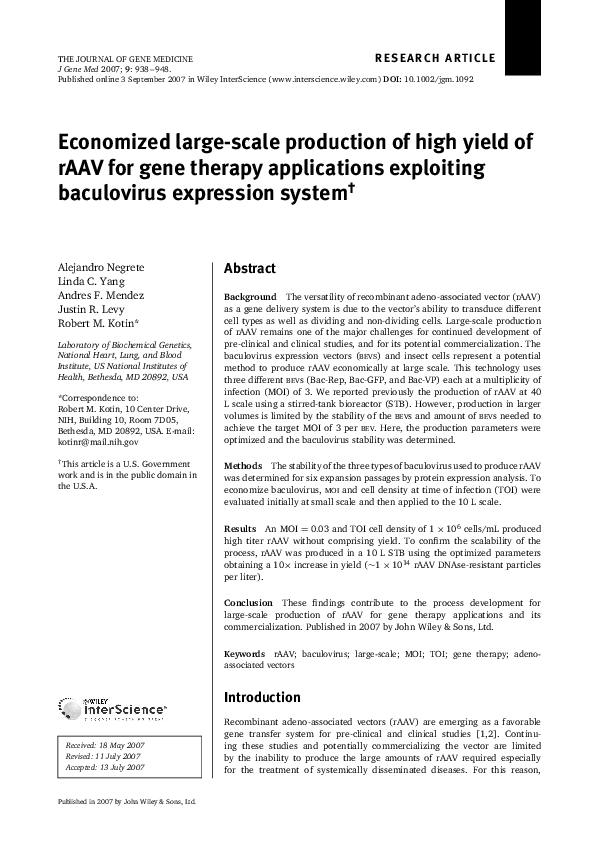(PDF) Economized large-scale production of high yield of rAAV for gene ...