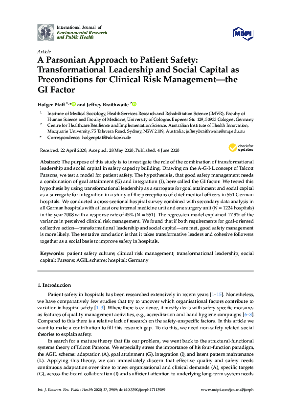 (PDF) A Parsonian Approach to Patient Safety: Transformational ...