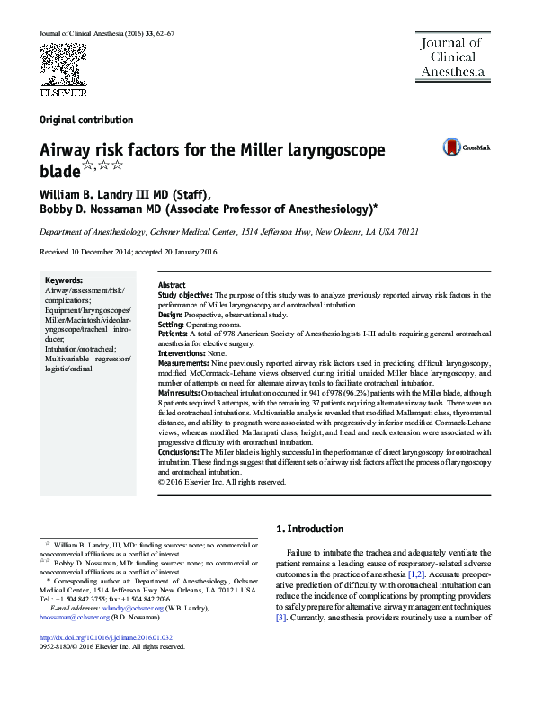 (PDF) Airway risk factors for the Miller laryngoscope blade