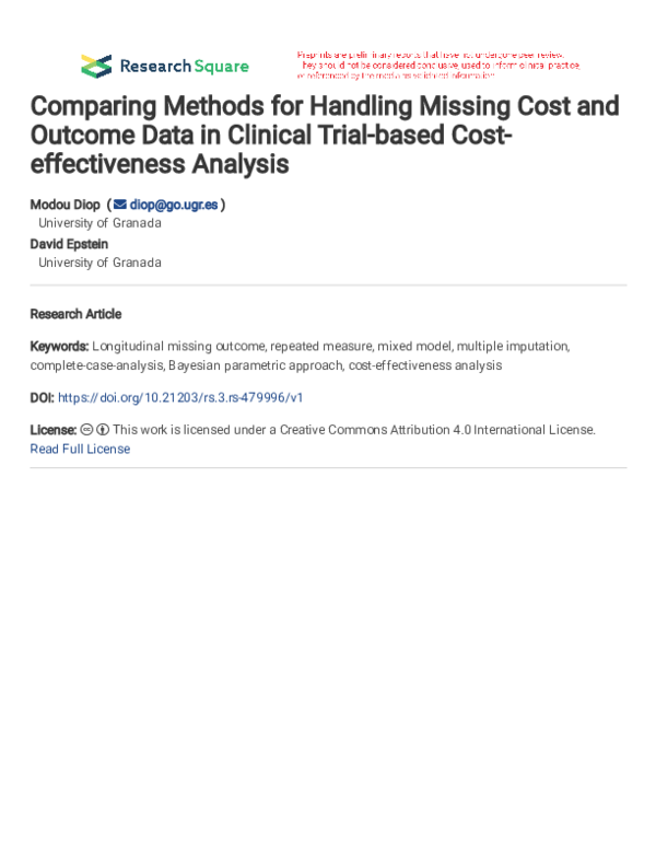 Pdf Comparing Methods For Handling Missing Cost And Outcome Data In