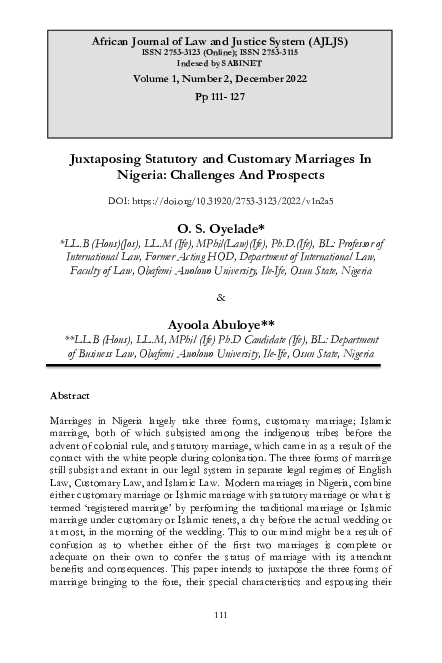(PDF) Juxtaposing Statutory and Customary Marriages In Nigeria ...