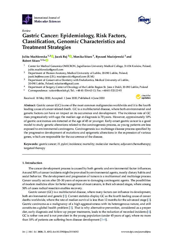 (PDF) Gastric Cancer: Epidemiology, Risk Factors, Classification, Genomic Characteristics and ...