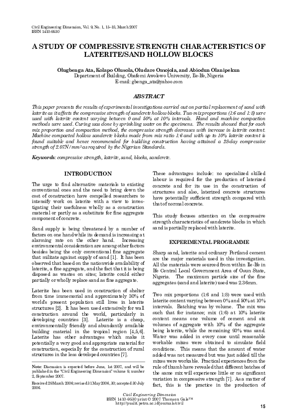 (PDF) A study of compressive strength characteristics of laterite/sand ... (PDF) A study of compressive strength characteristics of laterite/sand ...