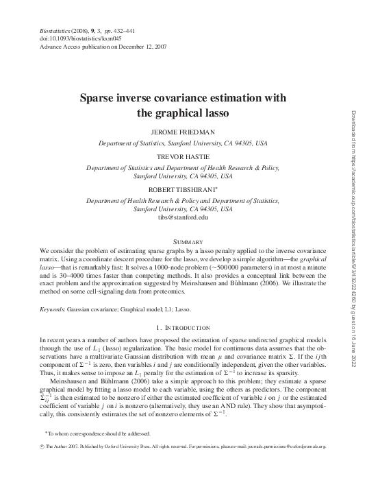 (PDF) Sparse inverse covariance estimation with the graphical lasso