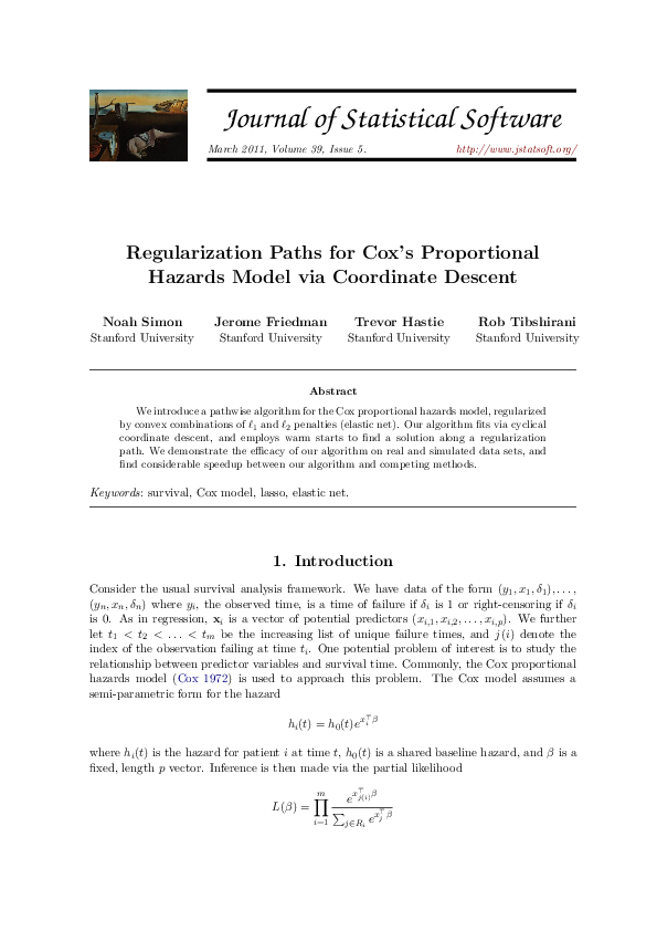 (PDF) Regularization Paths for Cox's Proportional Hazards Model via Coordinate Descent