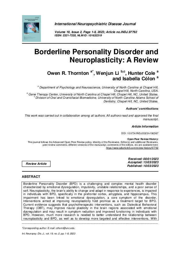 (PDF) Borderline Personality Disorder and Neuroplasticity: A Review