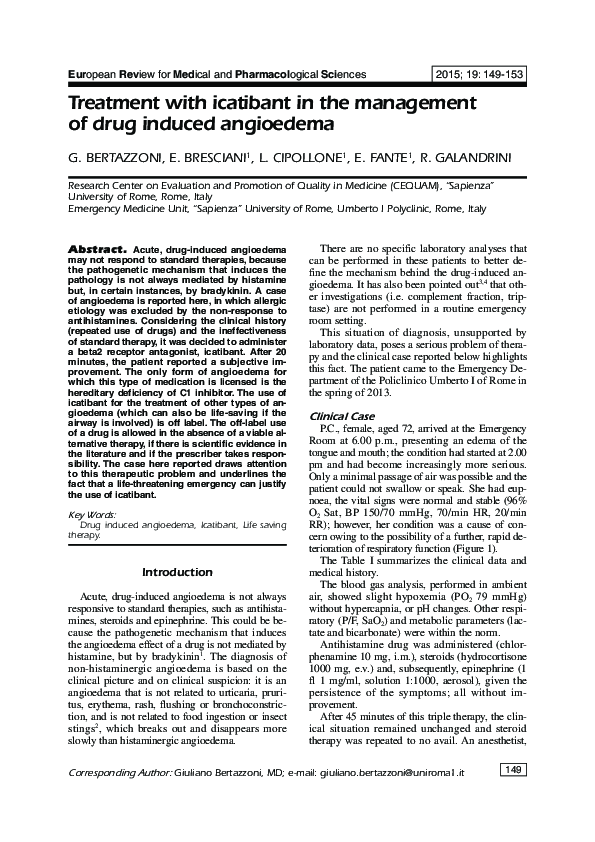 (PDF) Treatment with icatibant in the management of drug induced angioedema