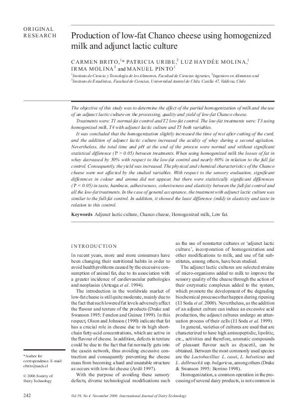 (PDF) Production of low-fat Chanco cheese using homogenized milk and ...