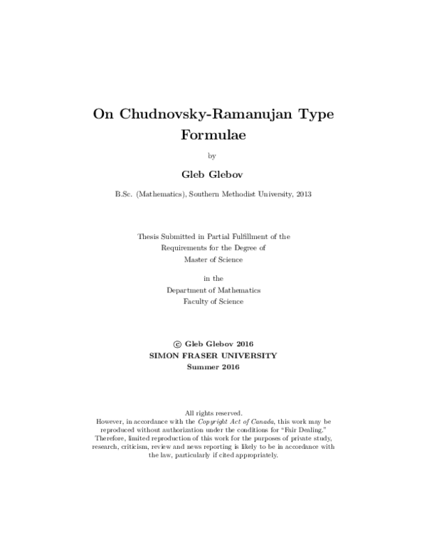 (PDF) On Chudnovsky-Ramanujan Type Formulae | Gleb Glebov - Academia.edu