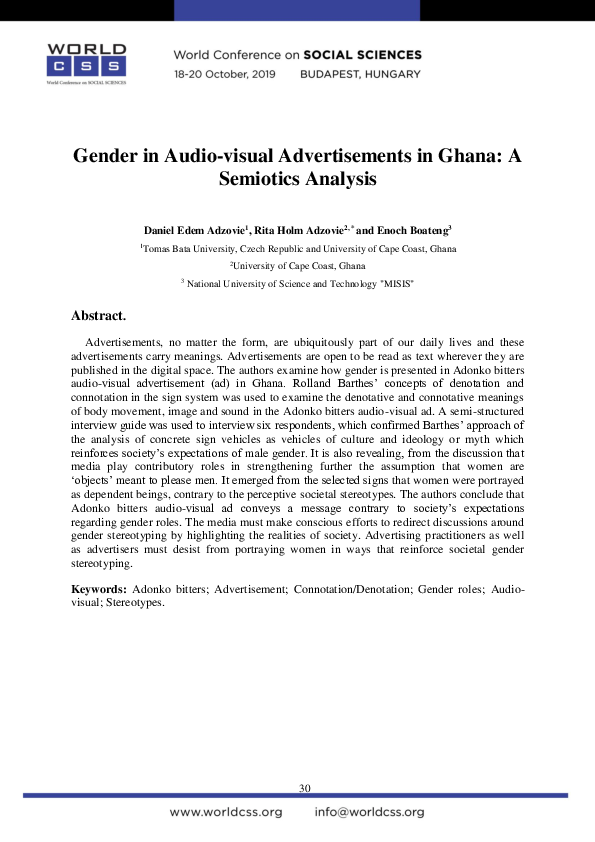 (PDF) Gender in Audio-visual Advertisements in Ghana: A Semiotics Analysis
