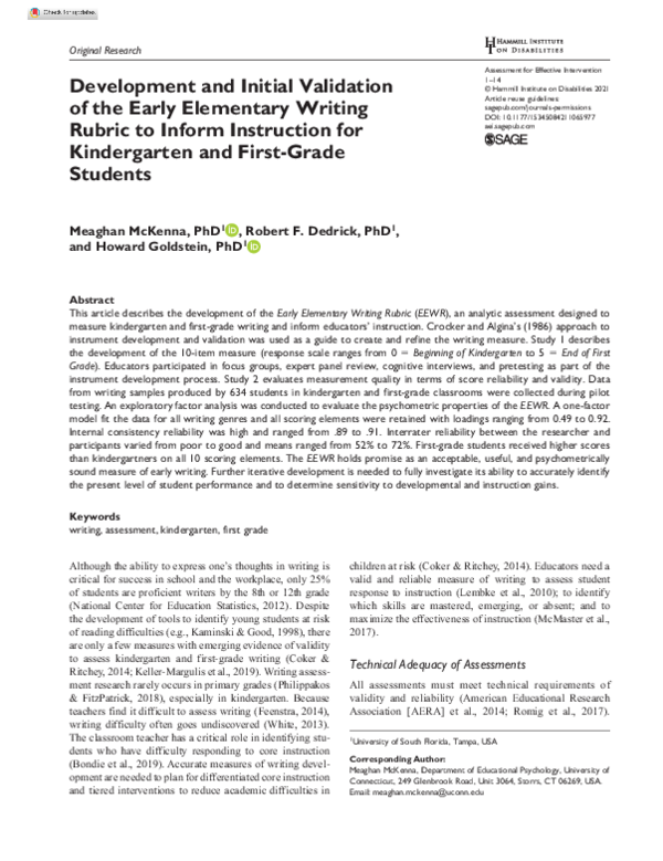 (PDF) Development and Initial Validation of the Early Elementary Writing Rubric to Inform ...
