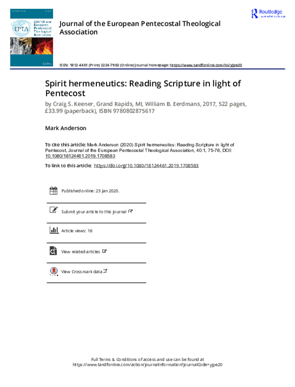 (PDF) Spirit Hermeneutics: Reading Scripture in Light of Pentecost by ...