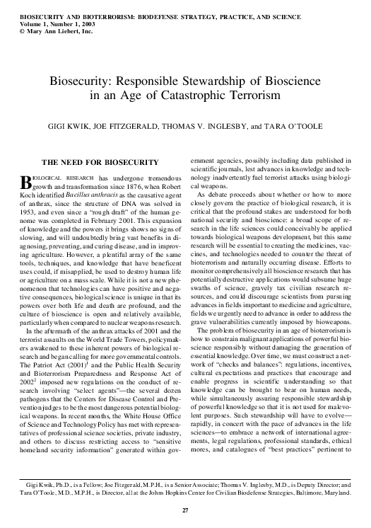 (PDF) Biosecurity: Responsible Stewardship of Bioscience in an Age of ...