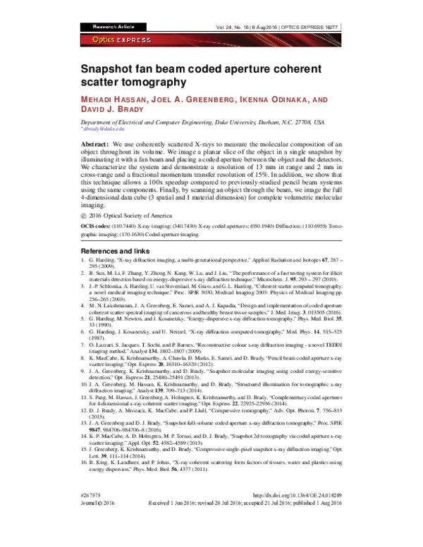 (PDF) Snapshot fan beam coded aperture coherent scatter tomography