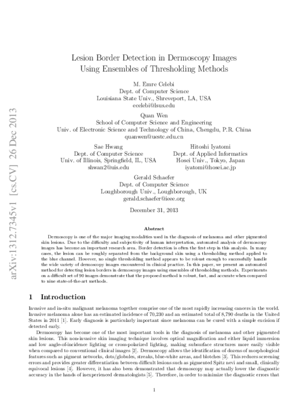(PDF) Lesion Border Detection in Dermoscopy Images Using Ensembles of Thresholding Methods