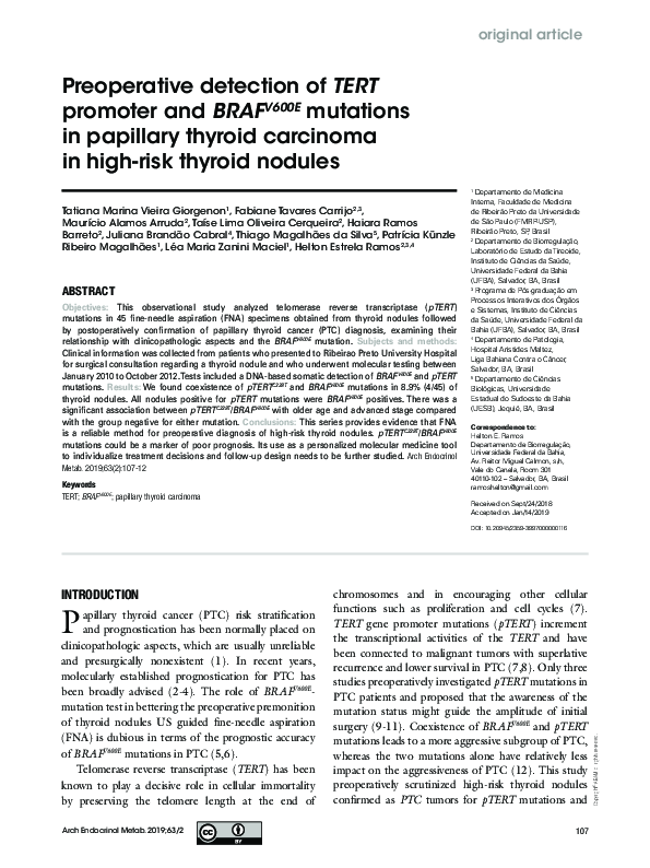 (PDF) Preoperative detection of TERT promoter and BRAFV600E mutations in papillary thyroid ...