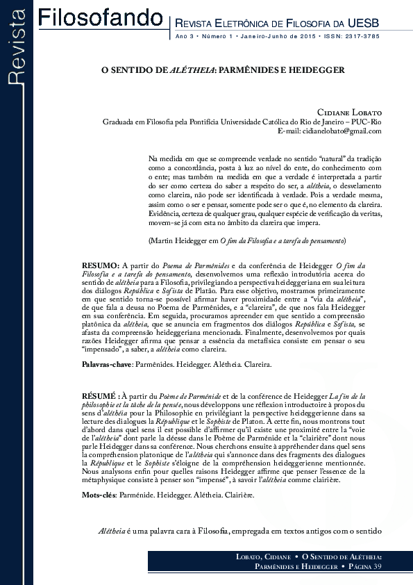(PDF) O Sentido De Alétheia: Parmênides e Heidegger
