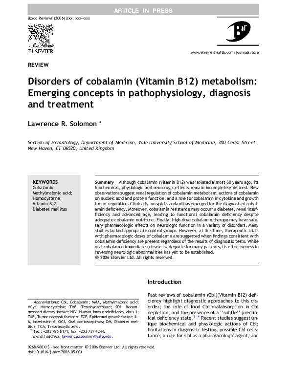 (PDF) Disorders of cobalamin (Vitamin B12) metabolism: Emerging ...