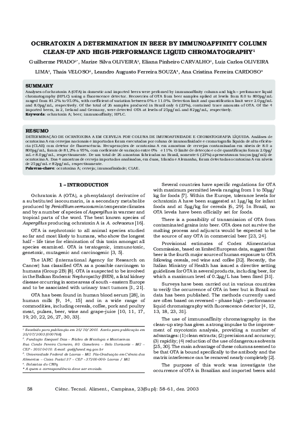 (PDF) Ochratoxin A determination in beer by immunoaffinity column clean ...