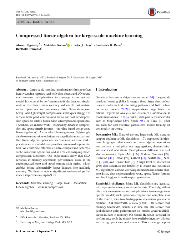 Pdf Compressed Linear Algebra For Large Scale Machine Learning Ahmed Elgohary