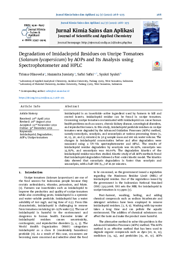 (PDF) Degradation of Imidacloprid Residues on Unripe Tomatoes (Solanum lycopersicum) by AOPs and ...