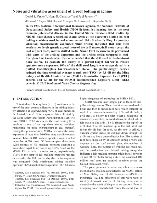 (PDF) Noise and vibration assessment of a roof bolting machine | Hugo Camargo - Academia.edu
