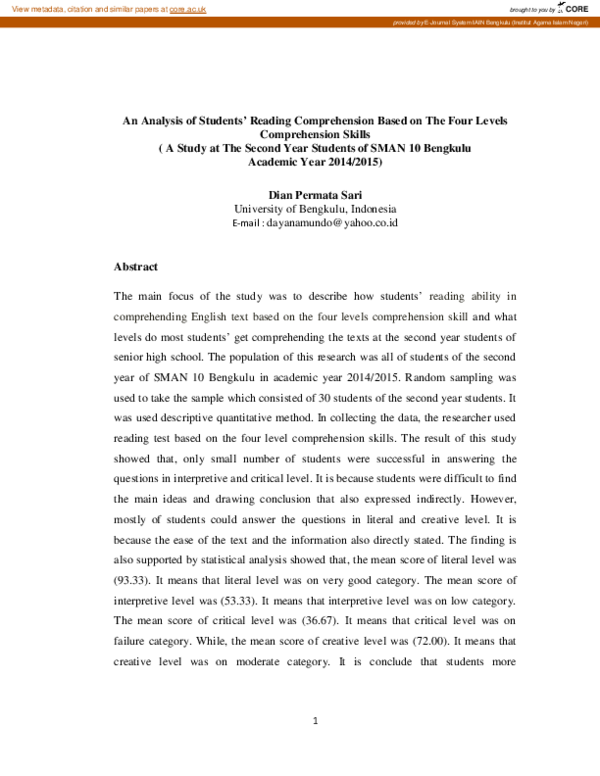 (PDF) An Analysis of Students’ Reading Comprehension Based on The Four Levels Comprehension ...