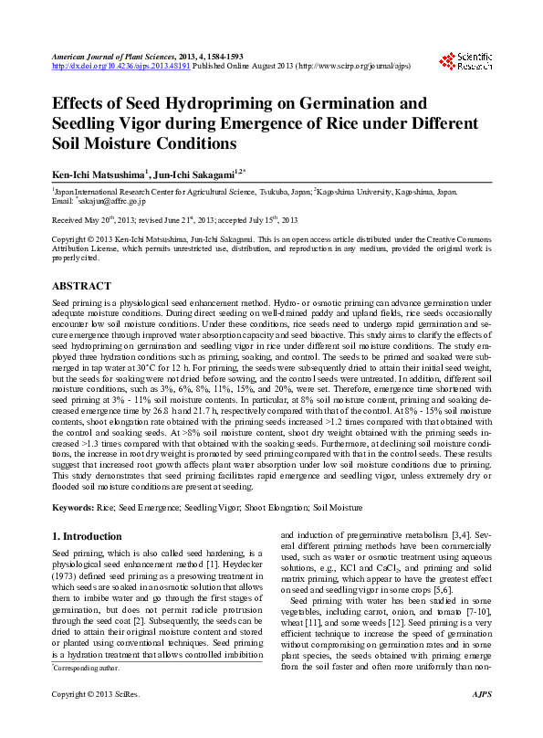(PDF) Effects of Seed Hydropriming on Germination and Seedling Vigor during Emergence of Rice ...