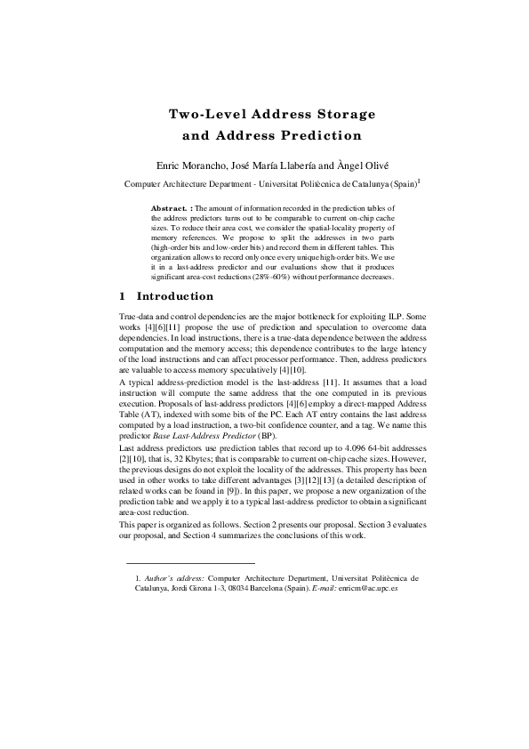 (PDF) Two-Level Address Storage and Address Prediction
