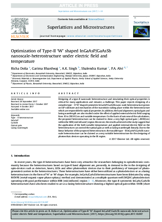 (PDF) Optimization of Type-II ‘W’ shaped InGaAsP/GaAsSb nanoscale-heterostructure under electric ...