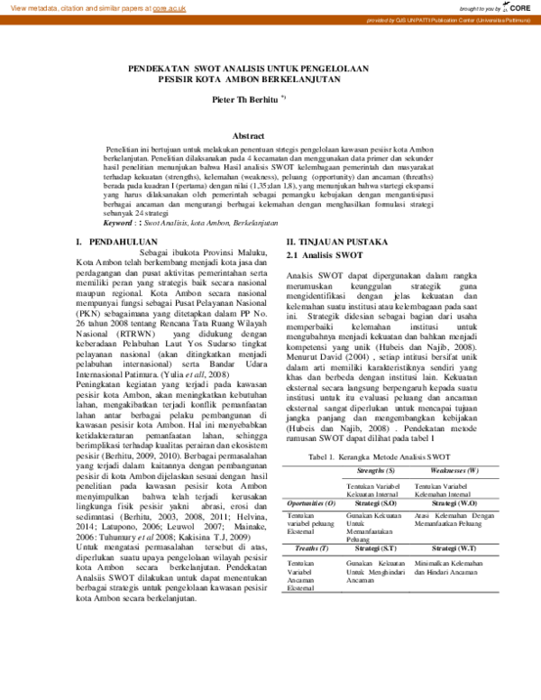 (PDF) Pendekatan Swot Analisis Untuk Pengelolaan Pesisir Kota Ambon Berkelanjutan