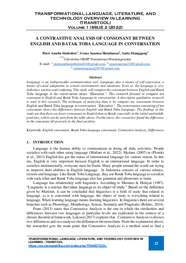 (PDF) Contrastive Analysis of Consonant Between English and Batak Toba ...