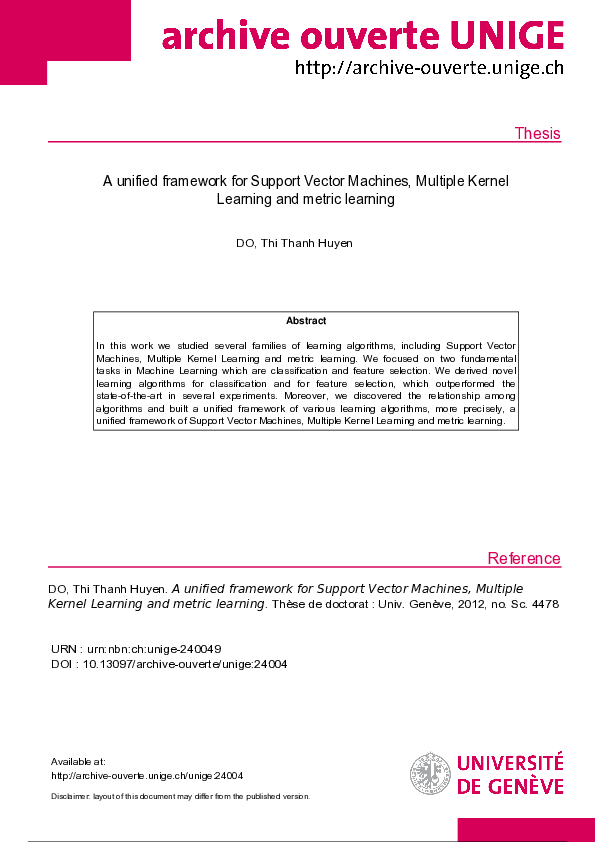 (PDF) A unified framework for Support Vector Machines, Multiple Kernel Learning and metric learning