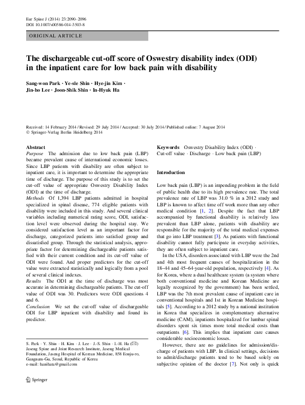(PDF) The dischargeable cut-off score of Oswestry Disability Index (ODI ...