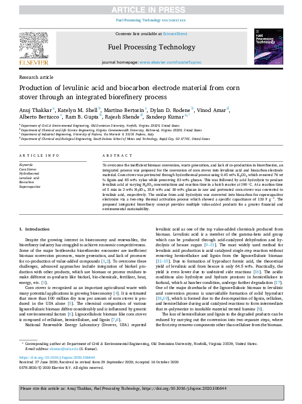 (PDF) Production of levulinic acid and biocarbon electrode material from corn stover through an ...