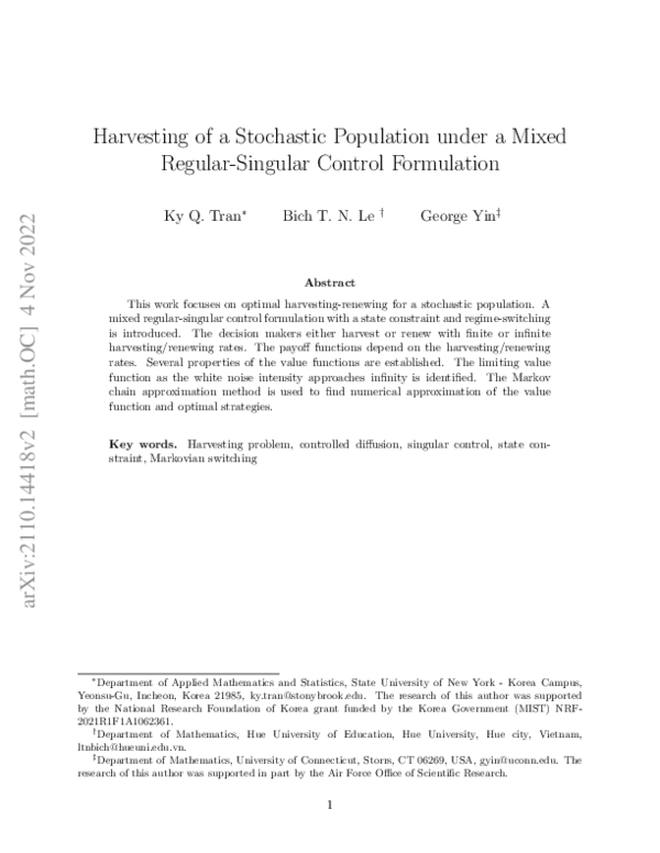 (PDF) Harvesting of a stochastic population under a mixed regular-singular control formulation