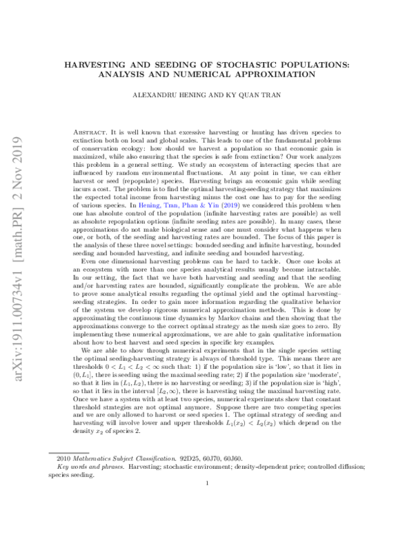 (PDF) Harvesting and seeding of stochastic populations: analysis and numerical approximation ...