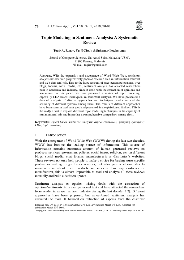 Pdf Topic Modeling In Sentiment Analysis A Systematic Review