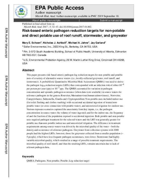 (PDF) Risk-based enteric pathogen reduction targets for non-potable and ...