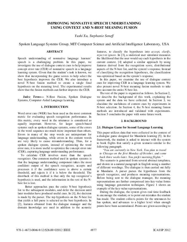(PDF) Improving nonnative speech understanding using context and N-best meaning fusion