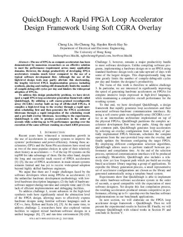 (PDF) QuickDough: A rapid FPGA loop accelerator design framework using soft CGRA overlay