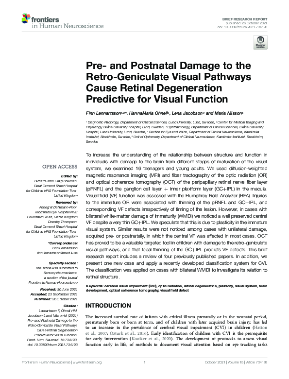 (PDF) Pre- and Postnatal Damage to the Retro-Geniculate Visual Pathways Cause Retinal ...