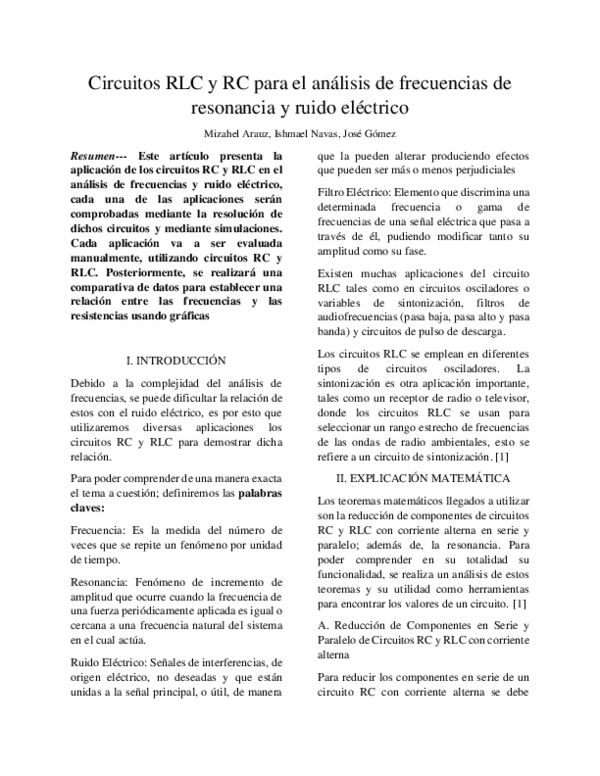 (PDF) Circuitos RLC y RC para el análisis de frecuencias de resonancia y ruido eléctrico